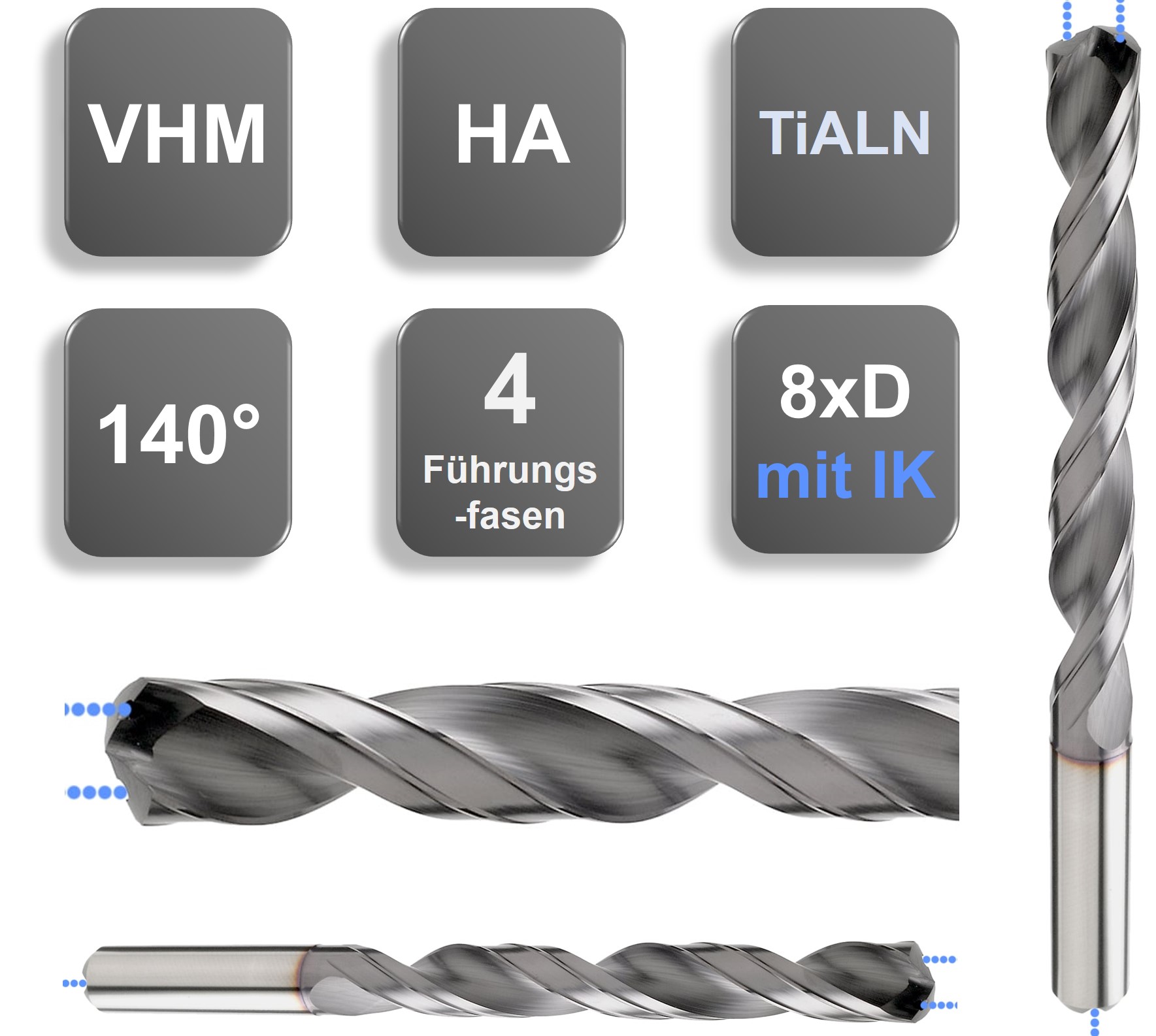 Ø 1,1 mm VHM 8xD Bohrer mit Innenkühlung